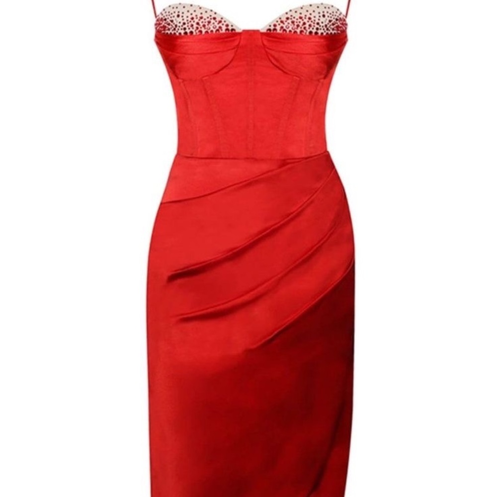 Nyla Red Satin Corset Dress With Crystals - Gem